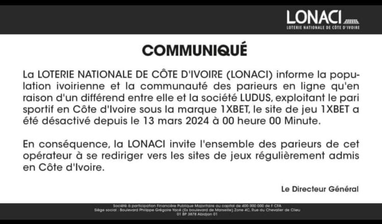 Côte d'Ivoire-Litige entre la LONACI et 1XBet : Le site de pari sportif ...
